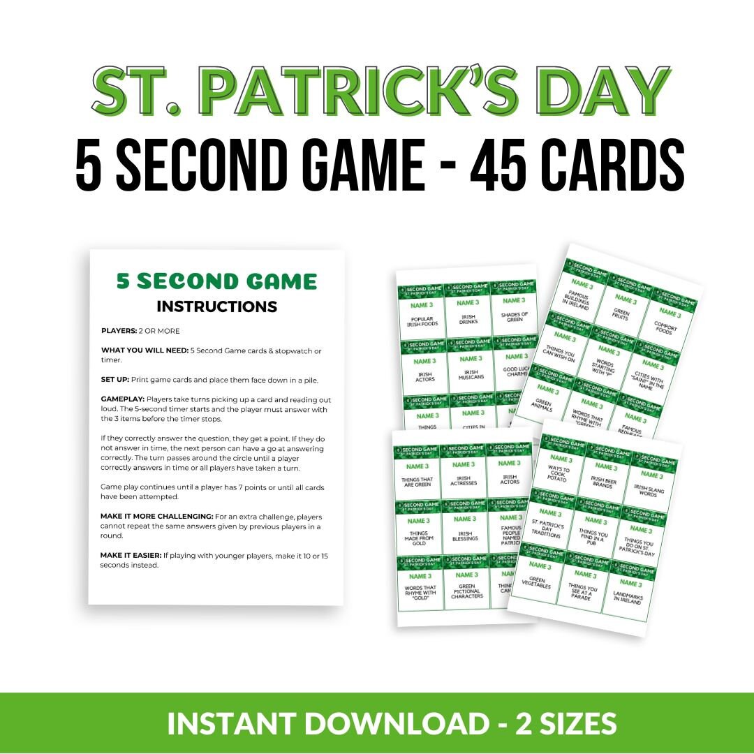 St Patrick's Day 5 Second Game Printable St Patricks 5 Seconds Game St ...