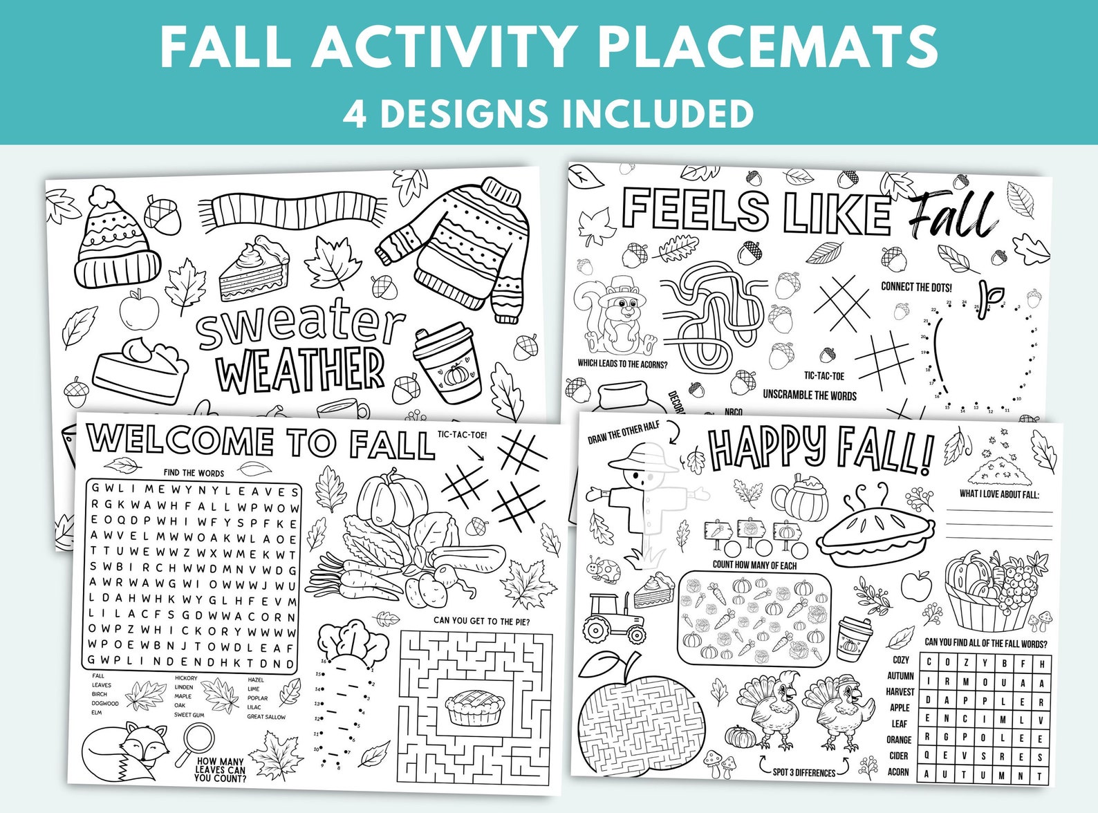 Fall Activity Placemat Printable Fall Coloring Placemats Fall ...