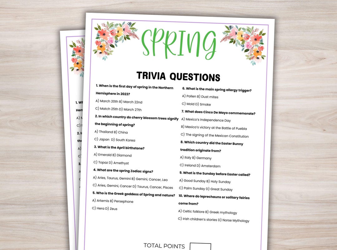 Spring Trivia Game Printable Spring Game Spring Party Game Spring Quiz ...