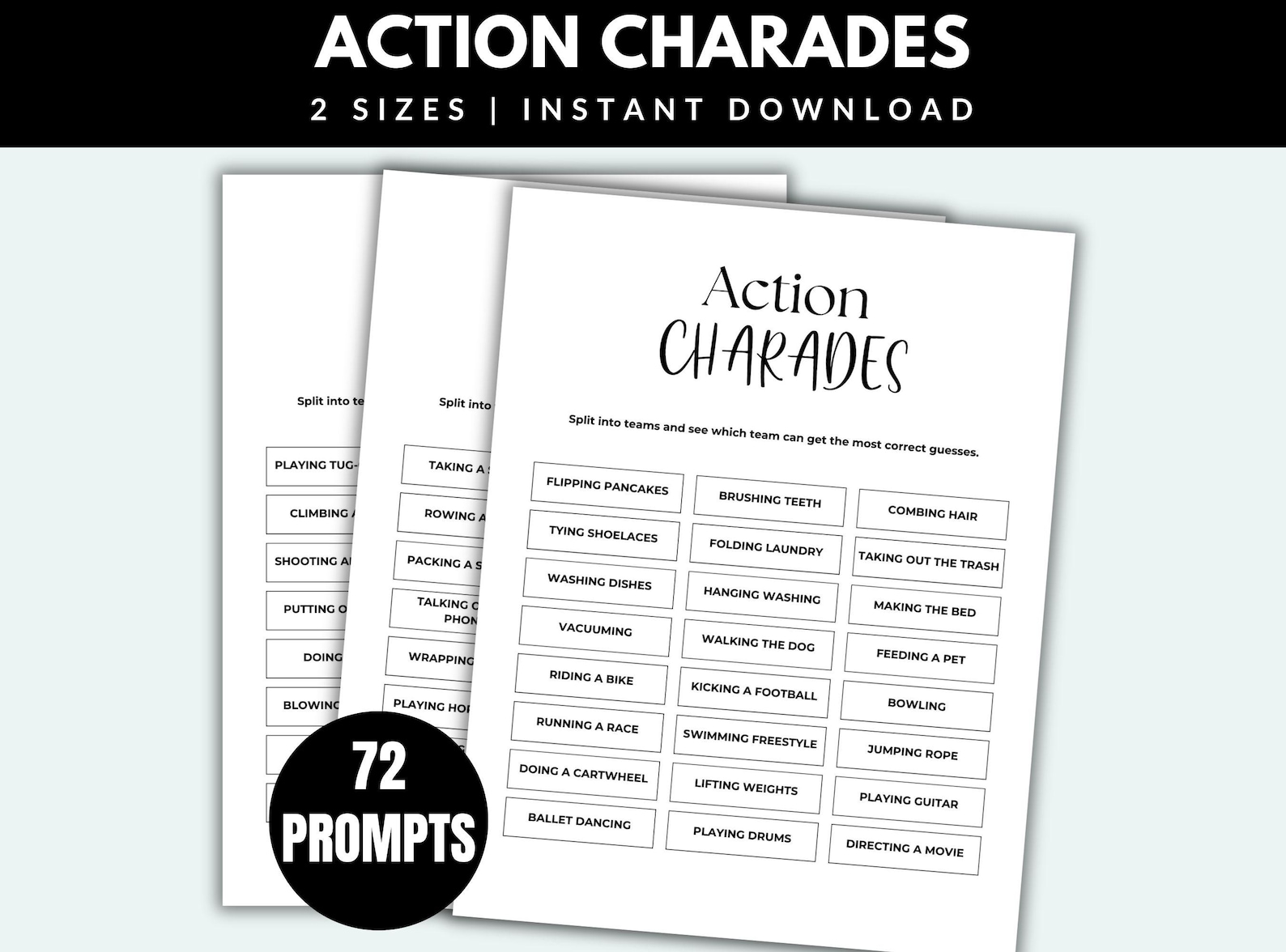 Action Charades Game Printable Charades for Kids Charades Cards ...
