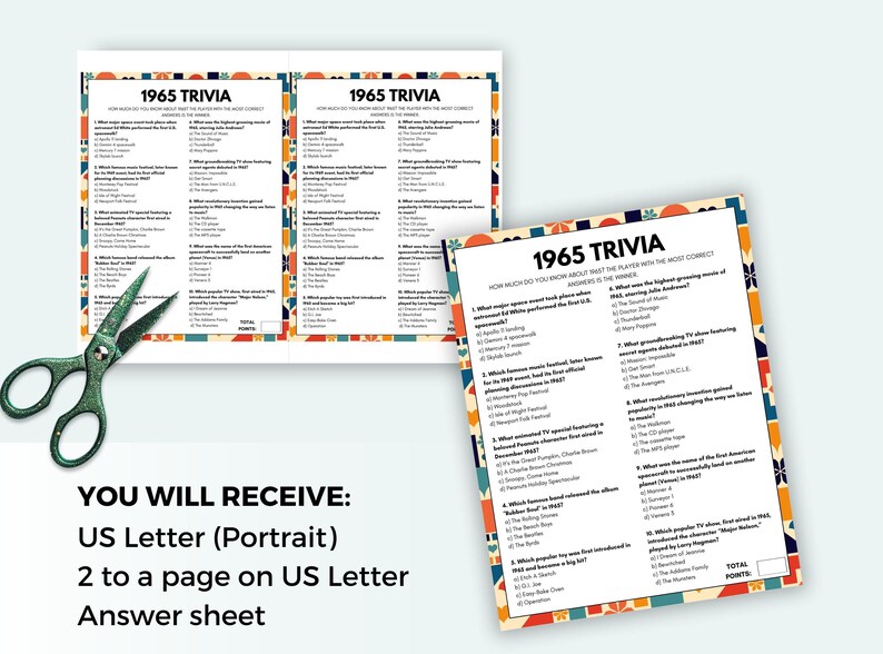 1965 Trivia Game Printable 60th Birthday Games Born in 1965 Game ...