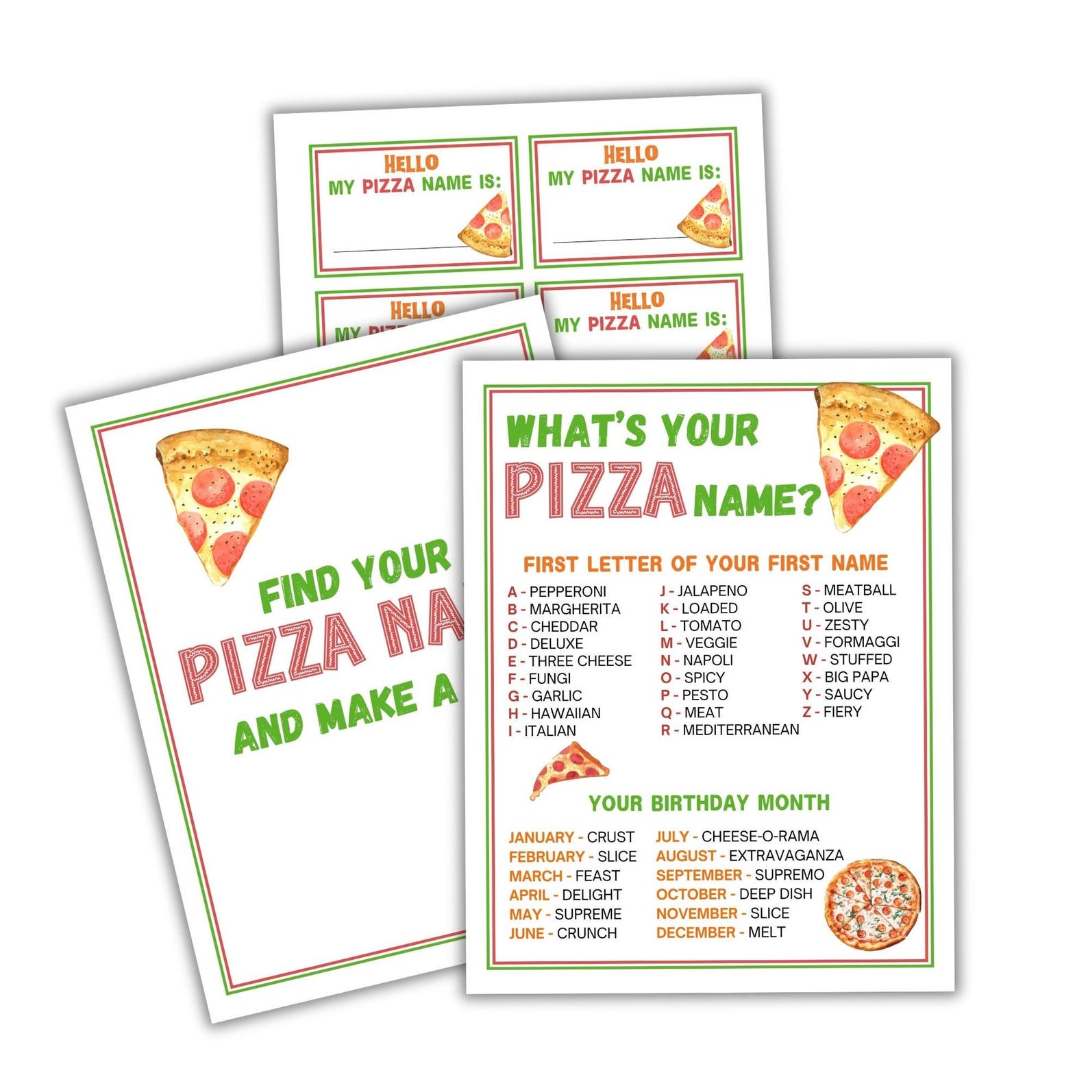 What's Your Pizza Name Party Game Printable Pizza Party Game Pizza Name ...