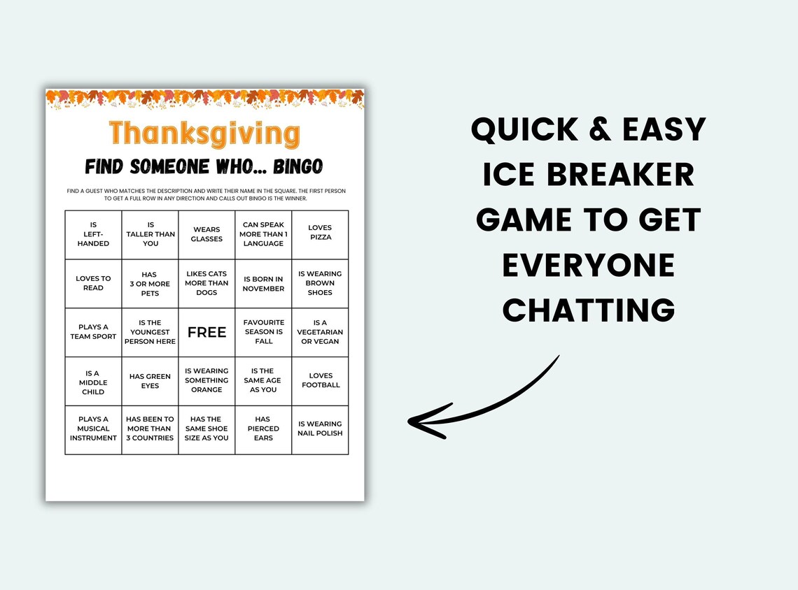 Thanksgiving Find the Guest Bingo Printable Thanksgiving Game ...