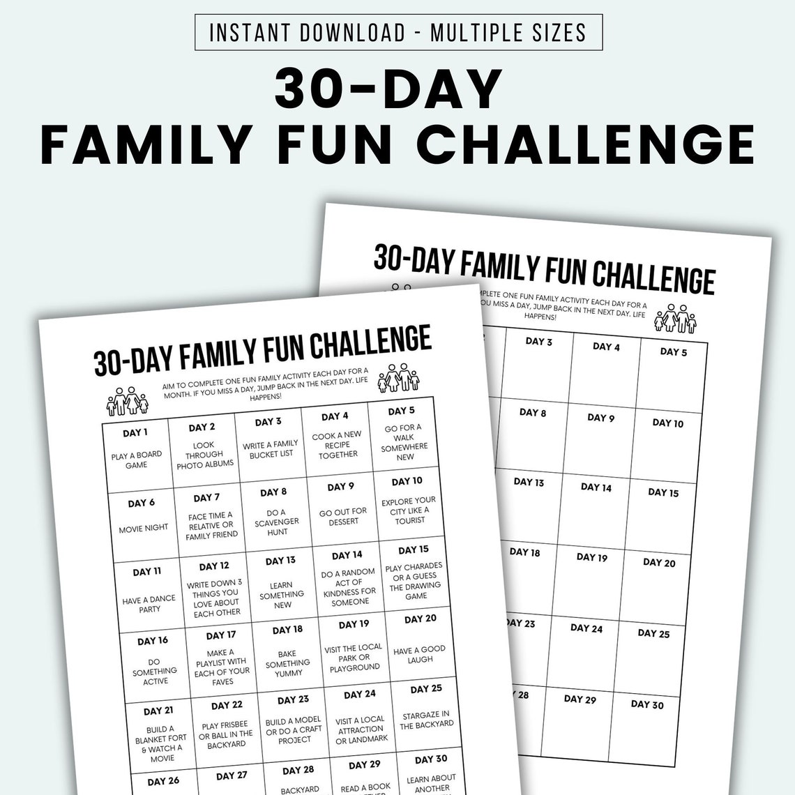 30 Day Family Fun Challenge Printable Family Fun Tracker Family Bucket ...