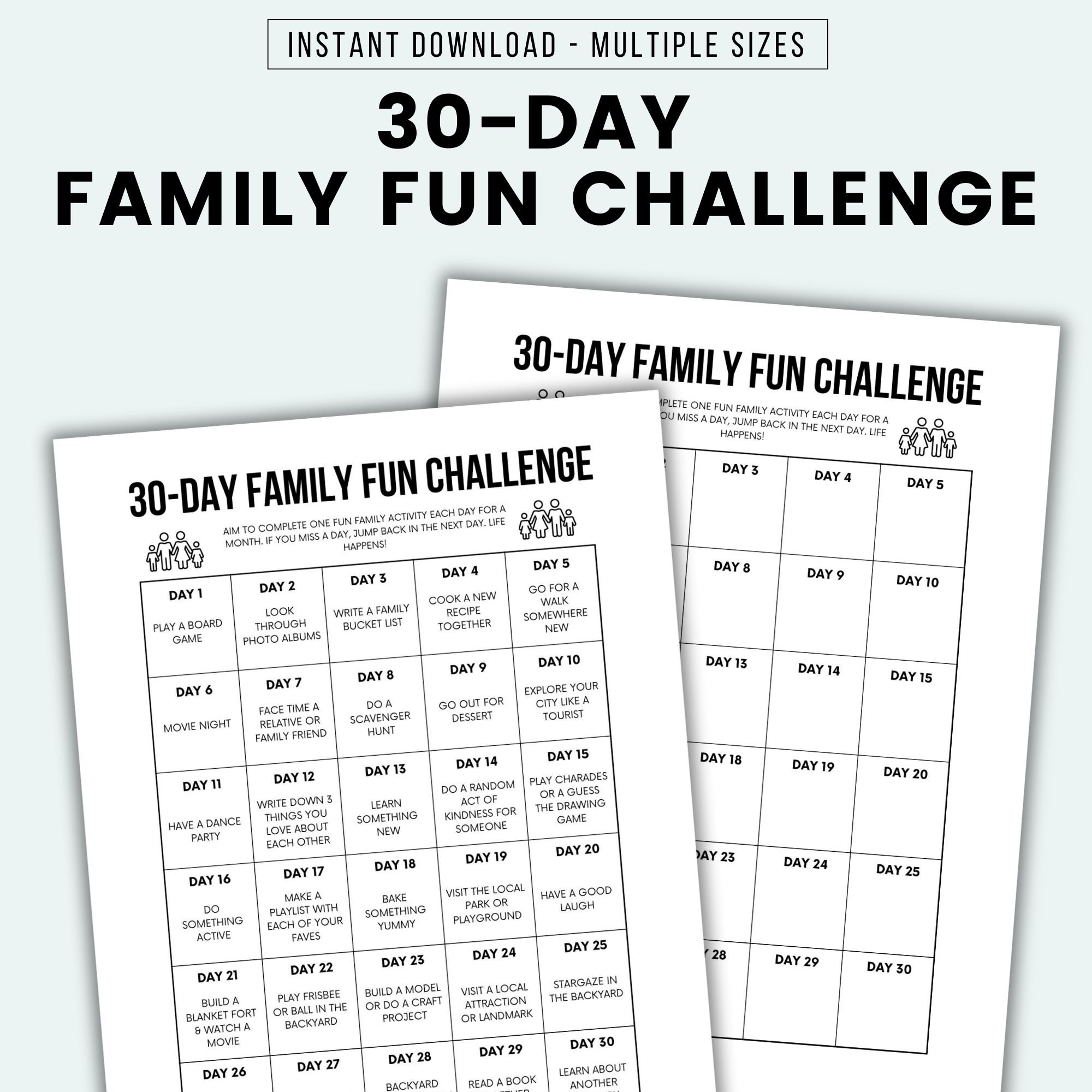 30 Day Family Fun Challenge Printable Family Fun Tracker Family Bucket ...