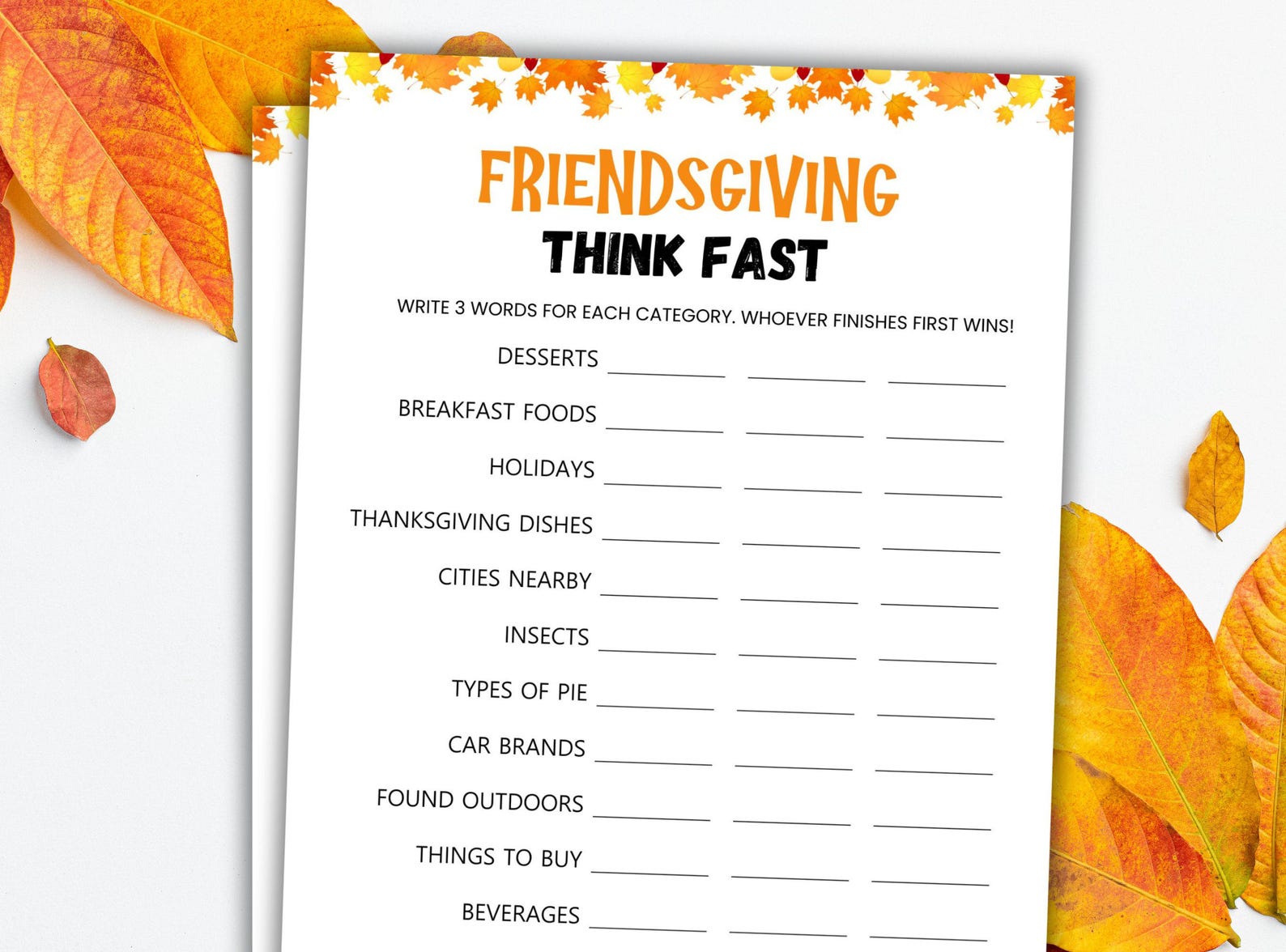 Friendsgiving Think Fast Game Printable Thanksgiving Game Thanksgiving ...