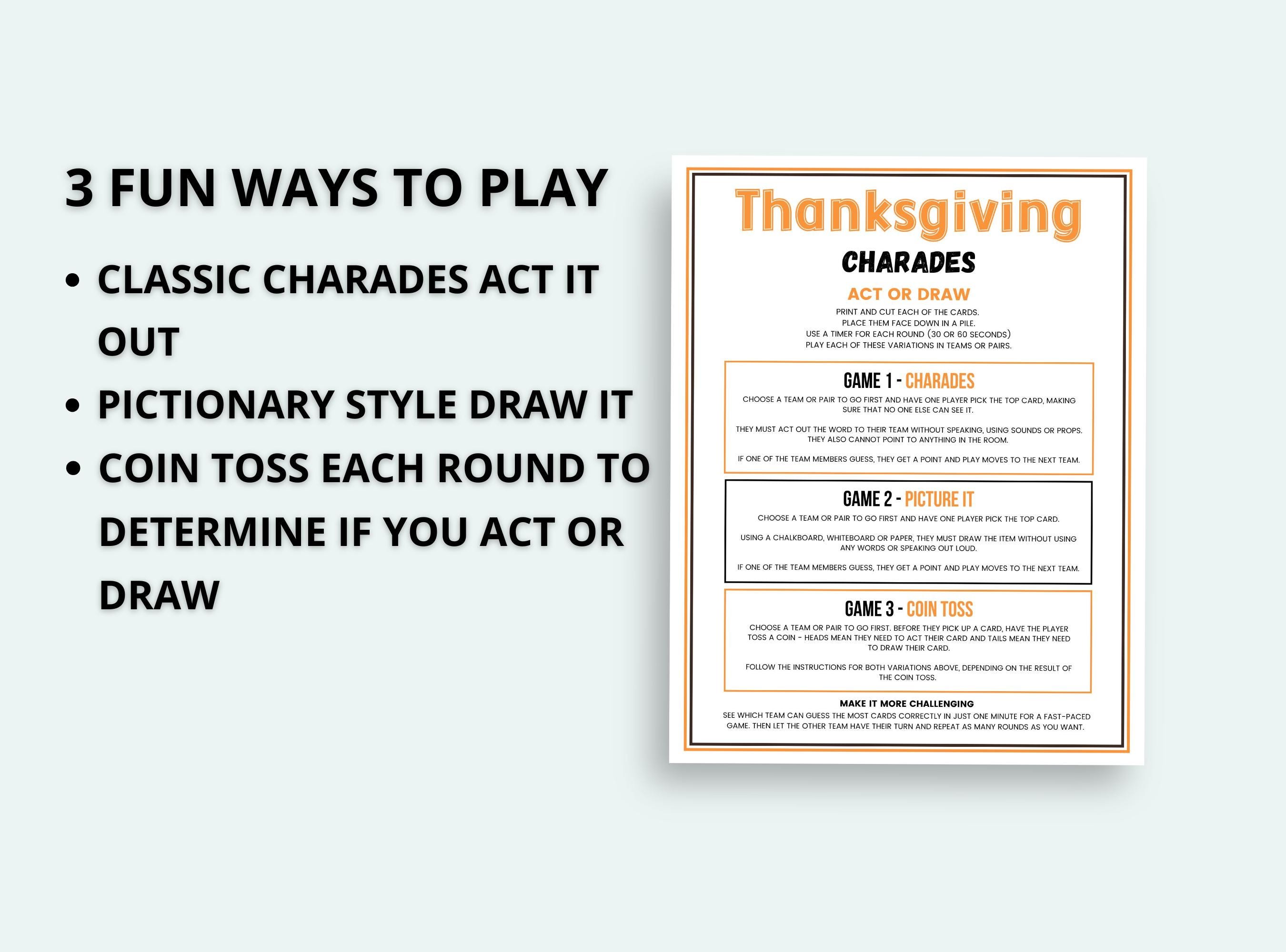 Thanksgiving Charades Game Printable Thanksgiving Game Family ...