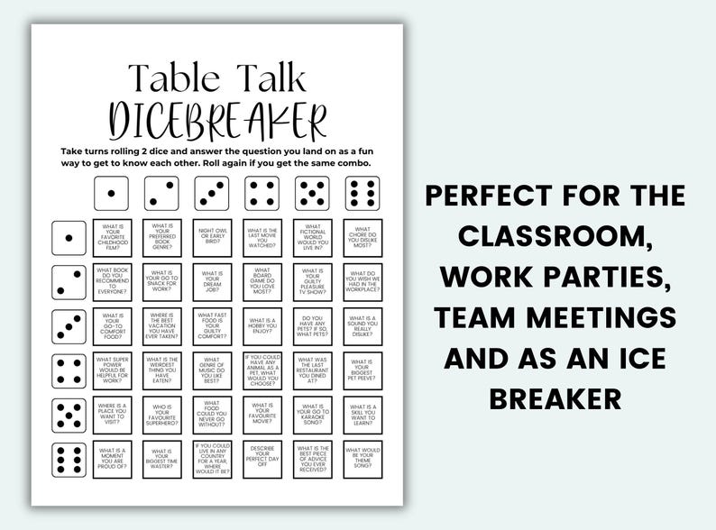 Coworker Dicebreaker Game Office Party Game Printable Team Building ...