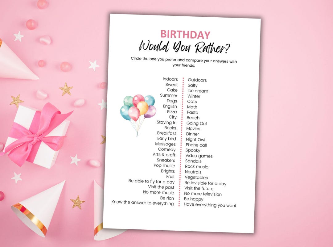 Would You Rather Birthday Game Would You Rather Slumber Party Games for ...