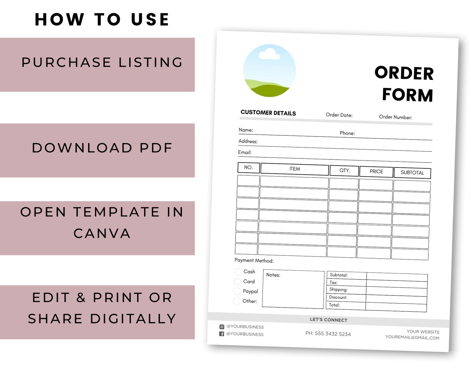 Editable Order Form Template Purchase Order Form Template Fillable ...