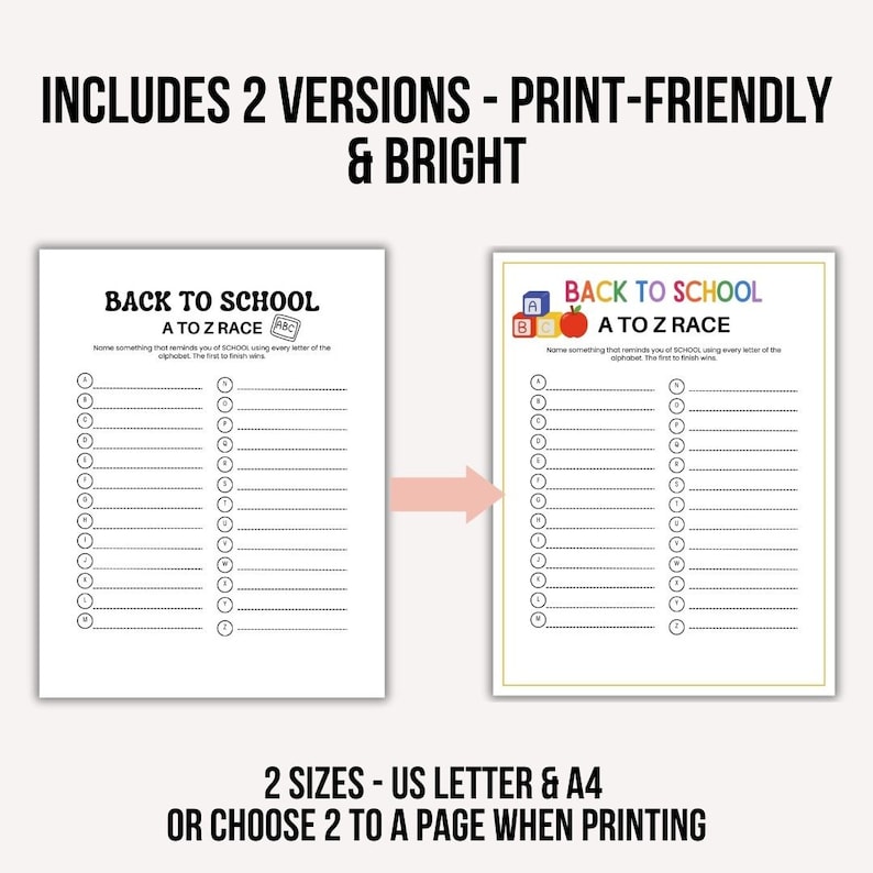 Back to School A to Z Race Game First Day of School Activity Printable ...