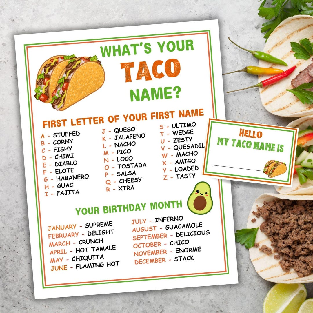 What's Your Taco Name Party Game Printable Taco Party Game Taco Name ...