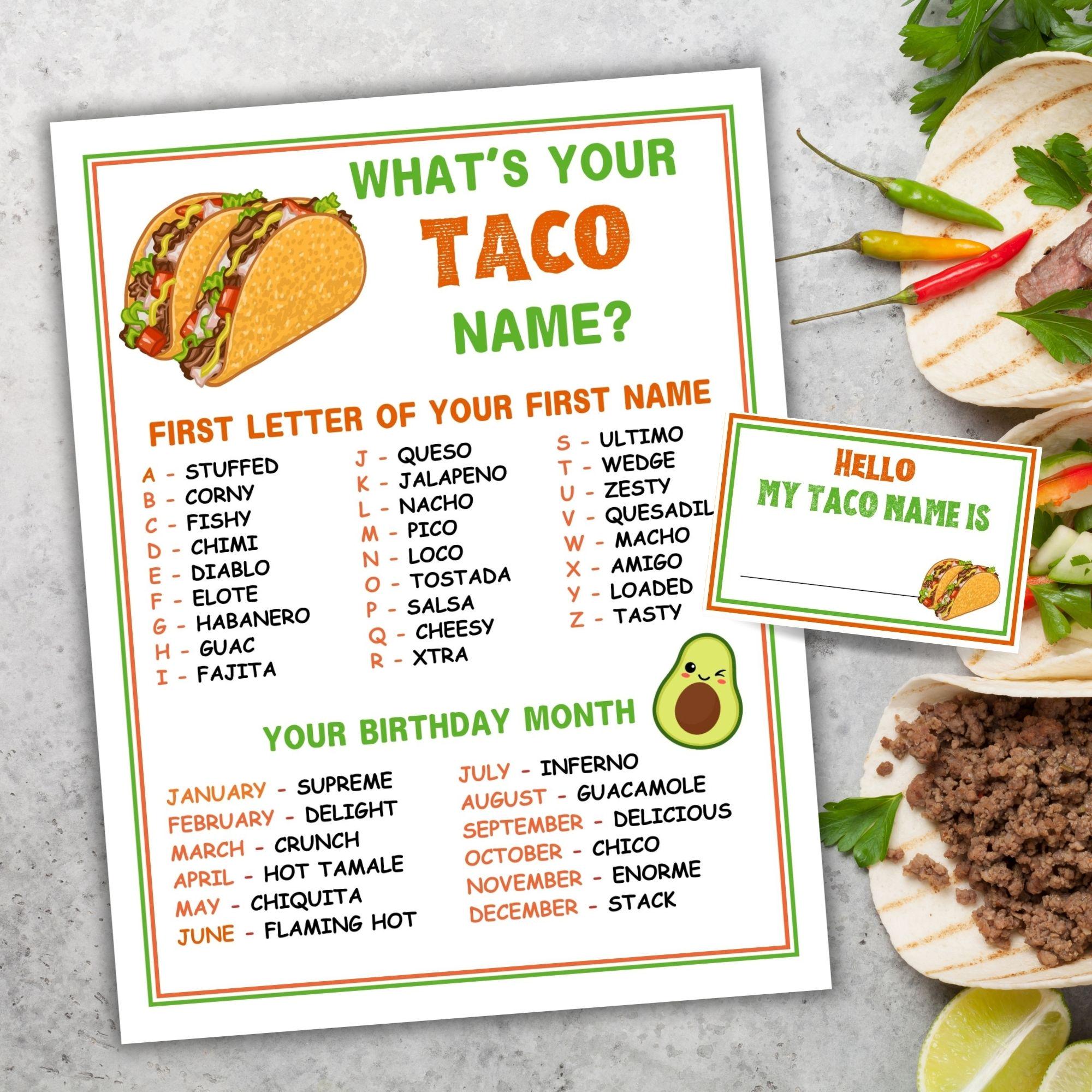 What's Your Taco Name Party Game Printable Taco Party Game Taco Name ...