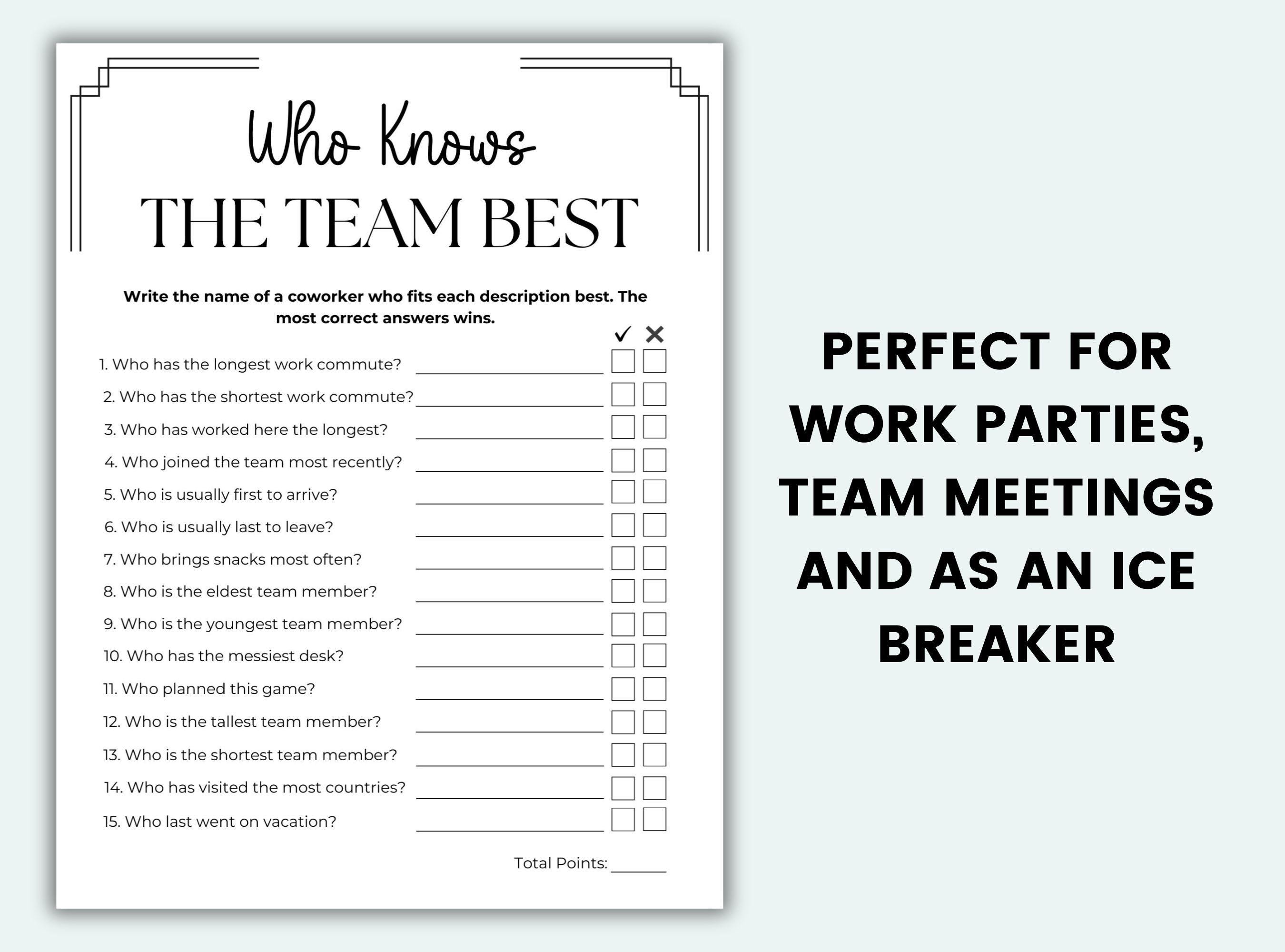 Who Knows the Team Best Office Party Game Printable Team Building Games ...