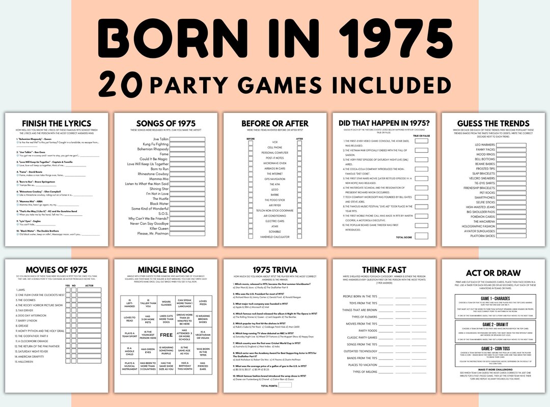 50th Birthday Games Printable Born in 1975 Games Born in 1975 Birthday ...