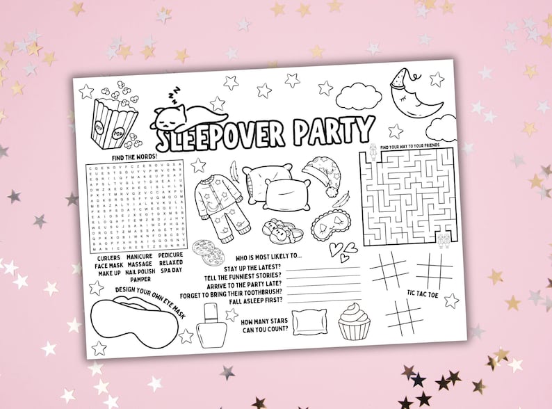 Sleepover Party Activity Placemat Printable Slumber Party Coloring ...