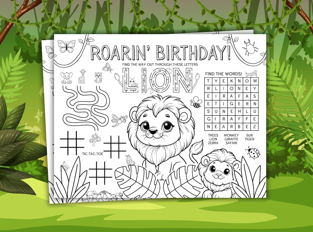 Safari Party Activity Placemat Printable Jungle Party Coloring Placemat ...