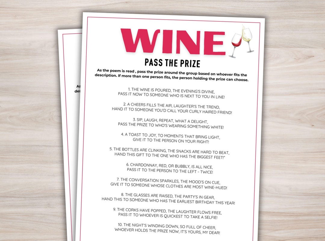 Wine Pass the Prize Game Printable Wine Game Wine Tasting Games Wine ...