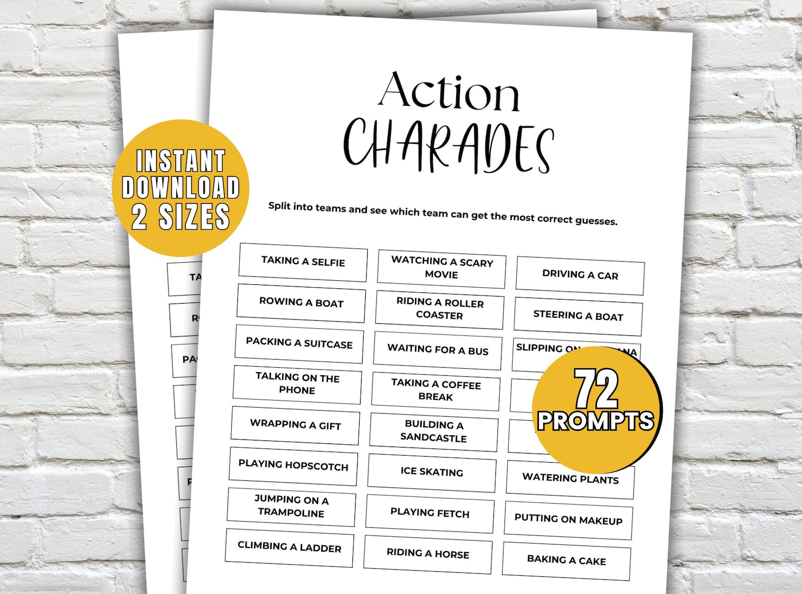 Action Charades Game Printable Charades for Kids Charades Cards ...
