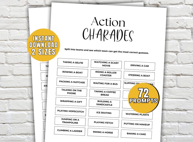 Action Charades Game Printable Charades for Kids Charades Cards ...