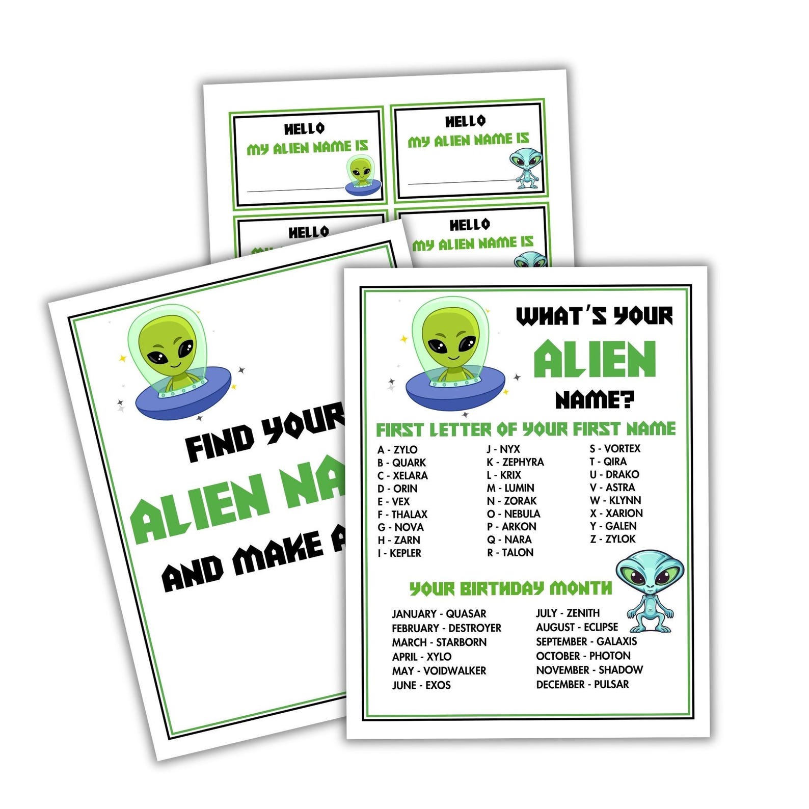 What's Your Alien Name Party Game Printable Alien Party Game Alien Name ...