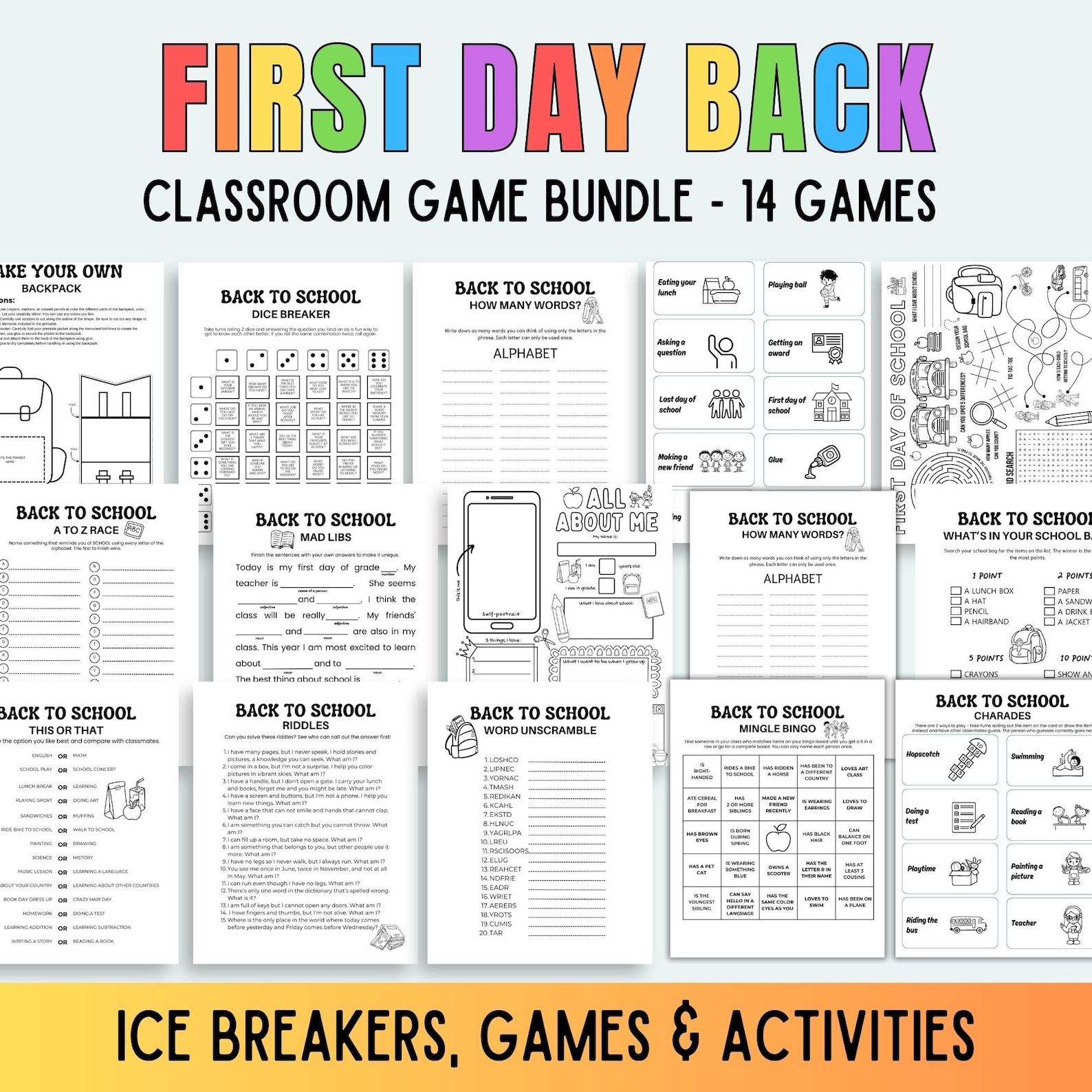 Back to School Games Bundle Printable First Day of School Icebreakers ...