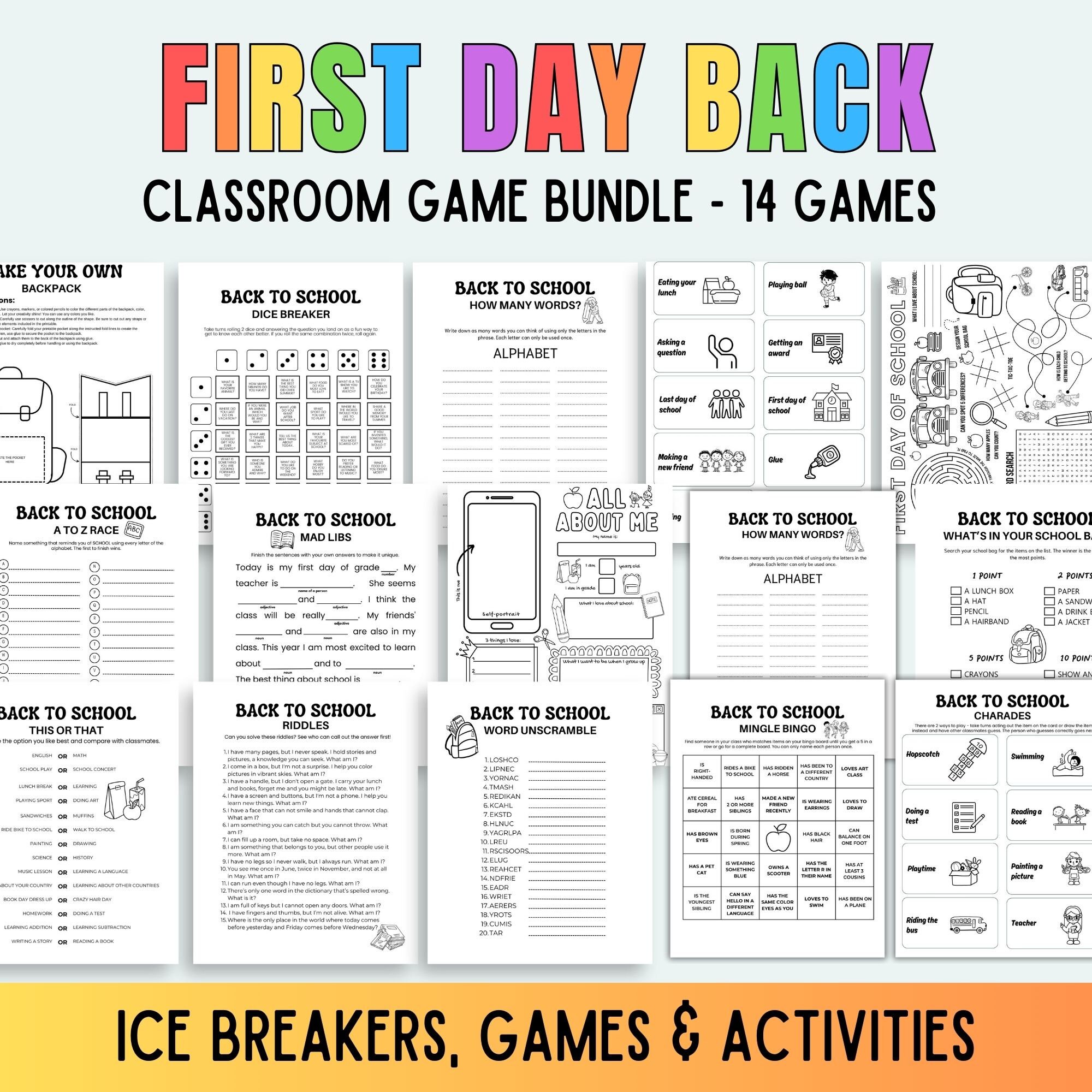 Back to School Games Bundle Printable First Day of School Icebreakers ...