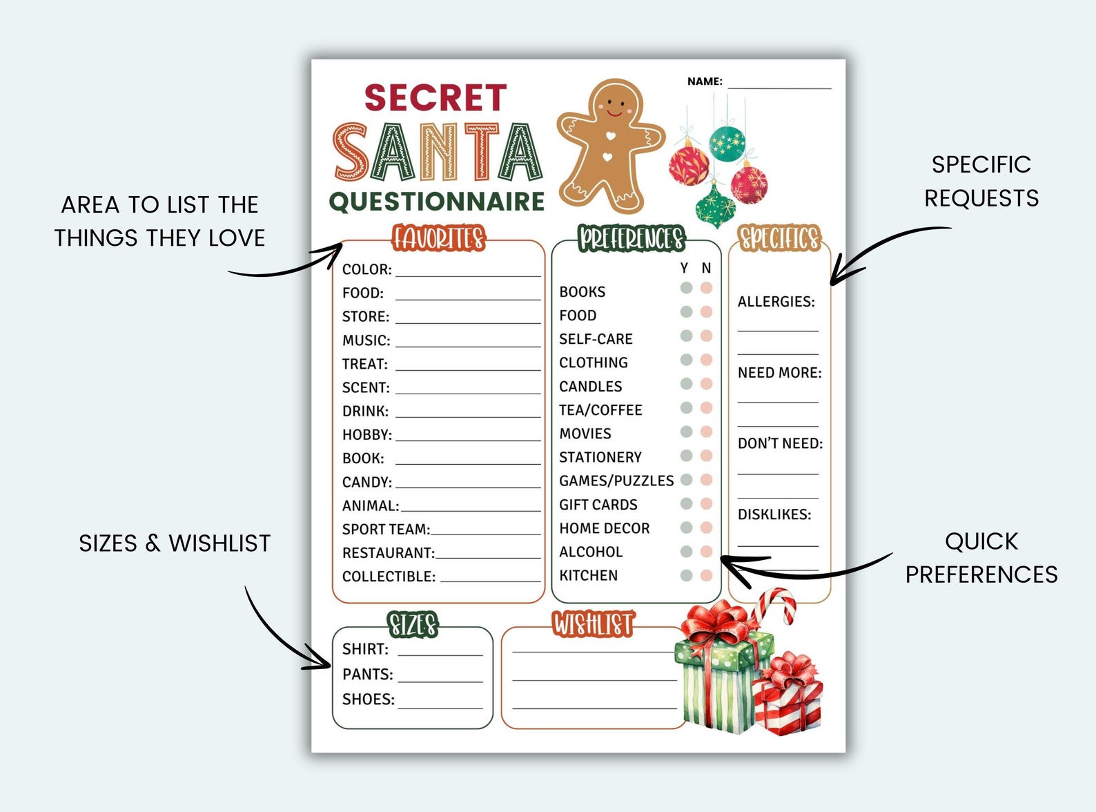 Secret Santa Questionnaire Printable Secret Santa Survey Secret Santa ...