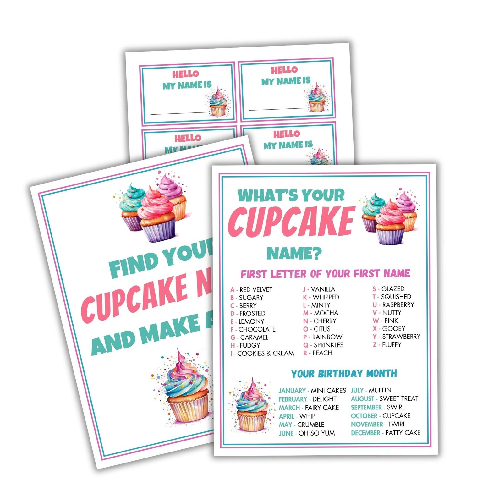 What's Your Cupcake Name Party Game Printable Cupcake Party Game Cupcake Name Generator Cupcake ...