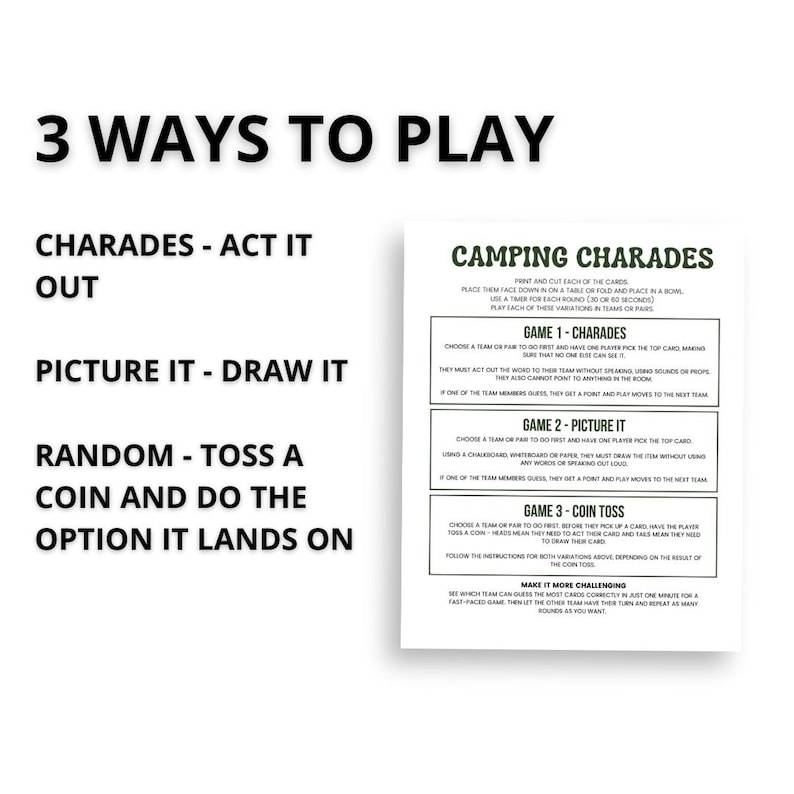 Camping Charades Game Printable Camping Game Kids Adults Camping ...