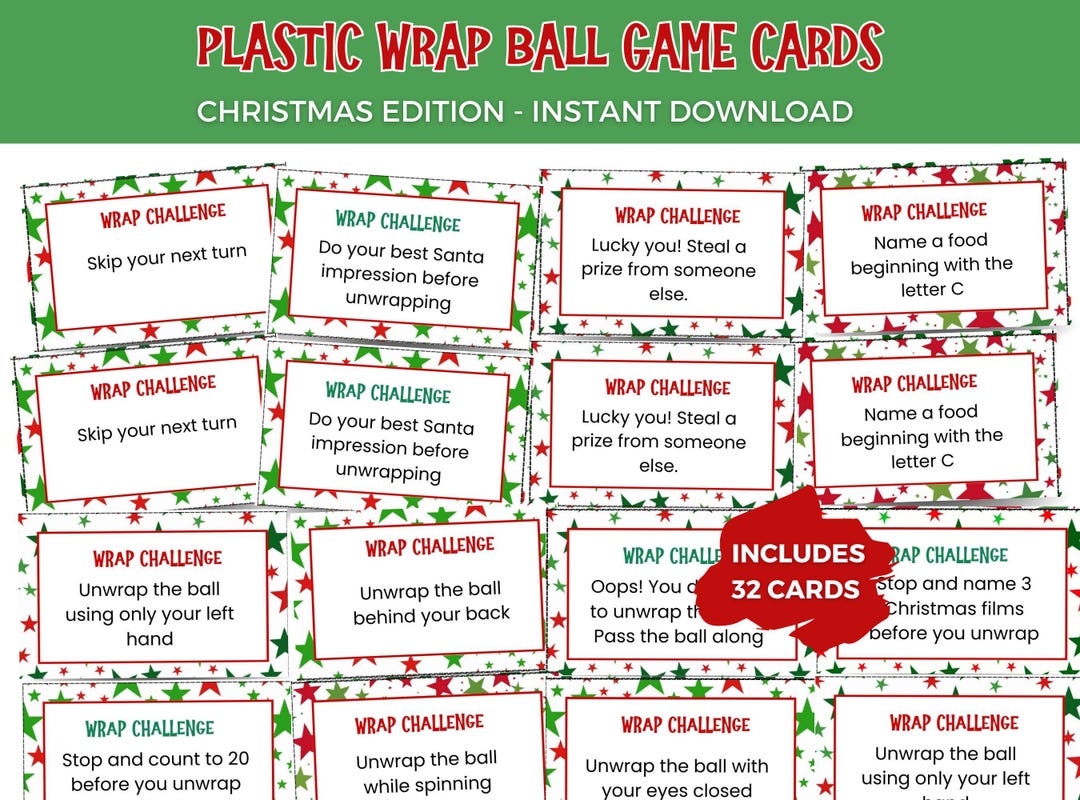 Christmas Saran Wrap Game Printable Plastic Wrap Ball Cards Christmas ...