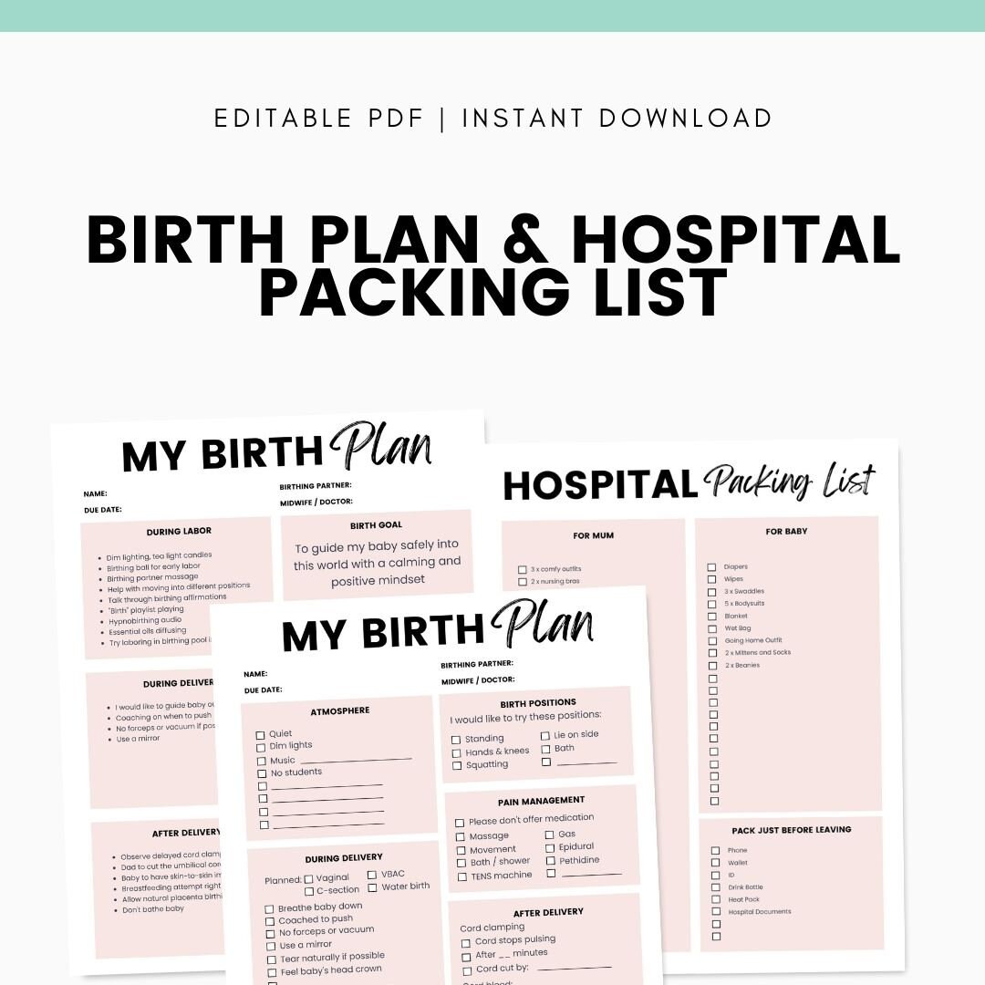 Editable Birth Plan Printable Birth Plan Template Editable Hospital Bag ...