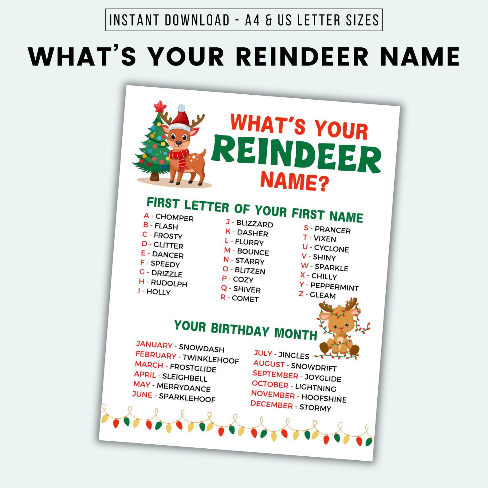 What's Your Reindeer Name Party Game Printable Reindeer Game Reindeer ...