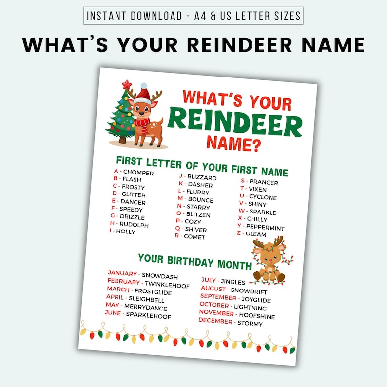 What's Your Reindeer Name Party Game Printable Reindeer Game Reindeer ...
