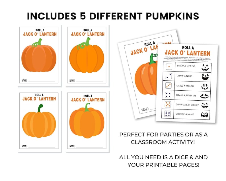 Halloween Roll A Jack O' Lantern Game, Printable Halloween Game for ...