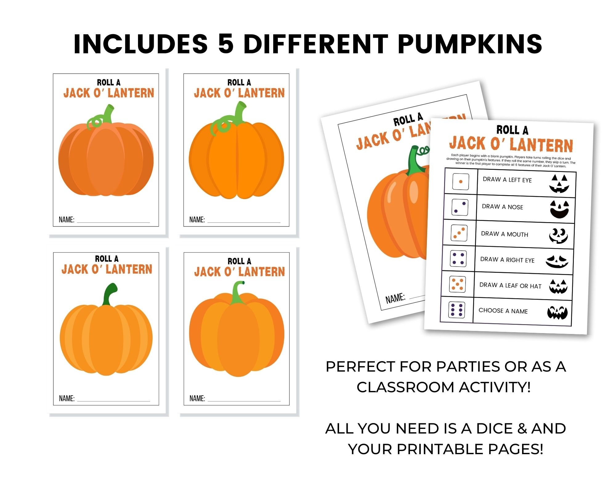 Halloween Roll A Jack O' Lantern Game, Printable Halloween Game for ...
