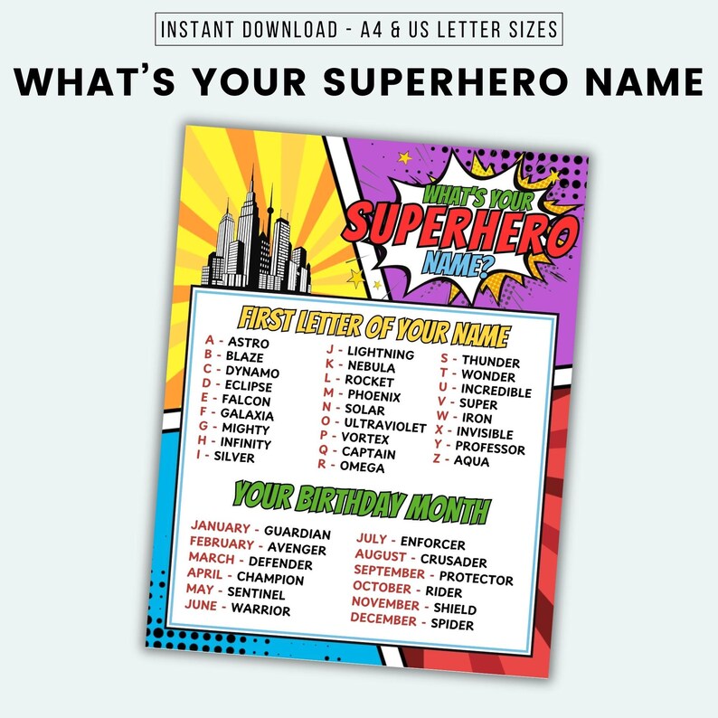 What's Your Superhero Name Party Game Printable Superhero Game ...