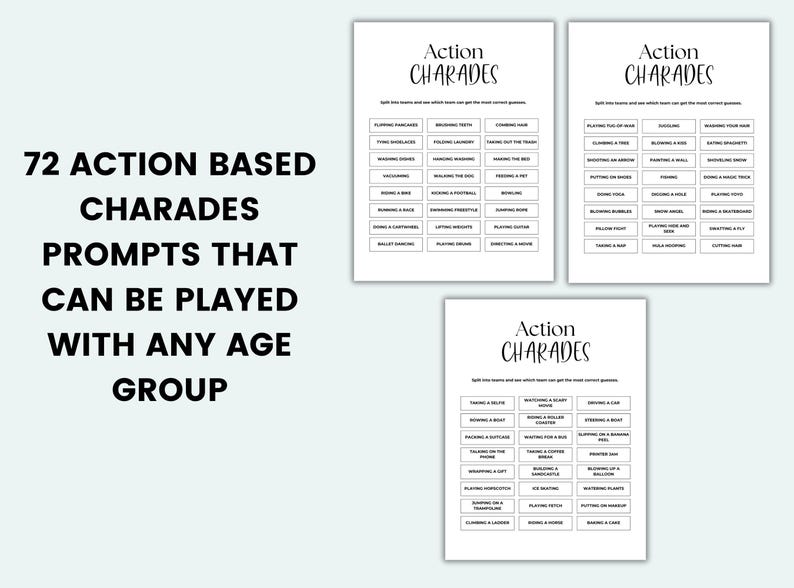 Action Charades Game Printable Charades for Kids Charades Cards ...
