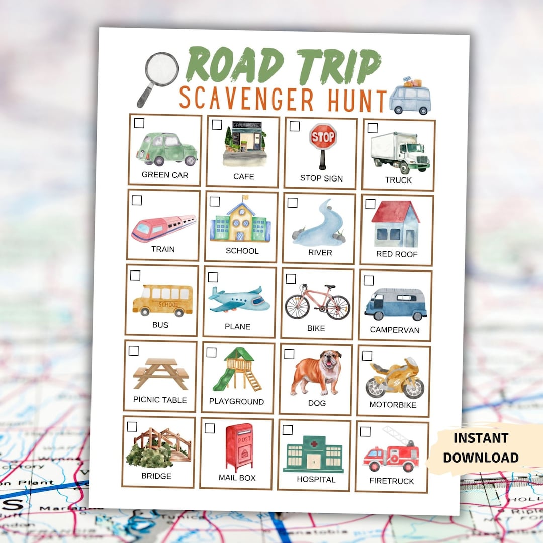 Road Trip Scavenger Hunt Printable for Kids Car Ride Scavenger Hunt ...