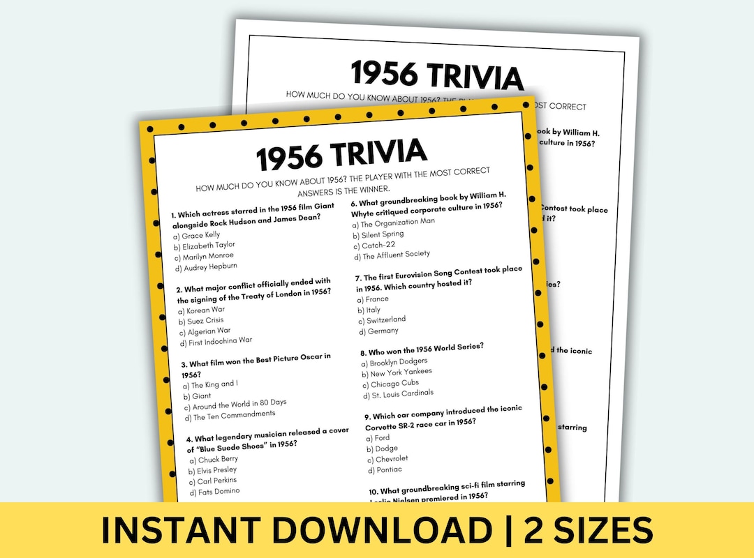 1956 Trivia Game Printable 70th Birthday Games Born in 1956 Game ...