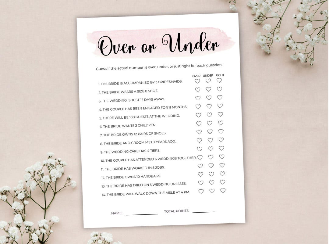 Over or Under Bridal Shower Game Printable Bachelorette Party Game Hen ...