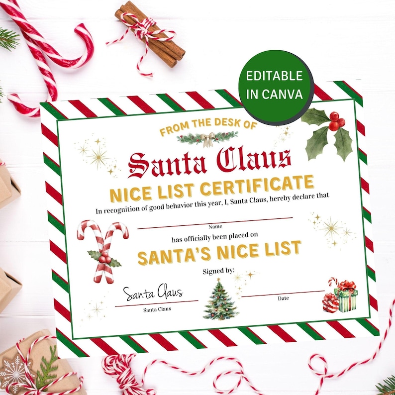 Christmas Nice List Certificate Santa Claus Note Editable Nice List ...