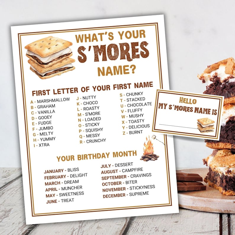 What's Your Smores Name Party Game Printable S'mores Game Dragon Name ...