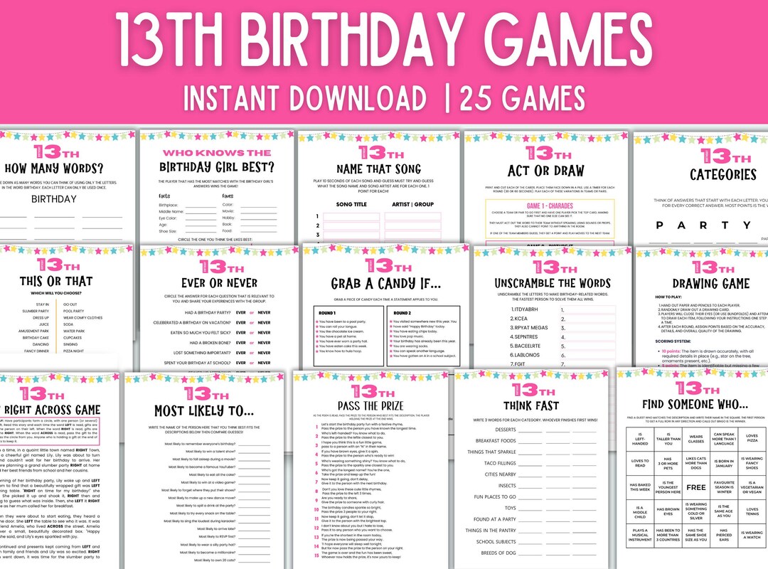 13th Birthday Party Games Bundle Sleepover Party Activities Teen Party ...