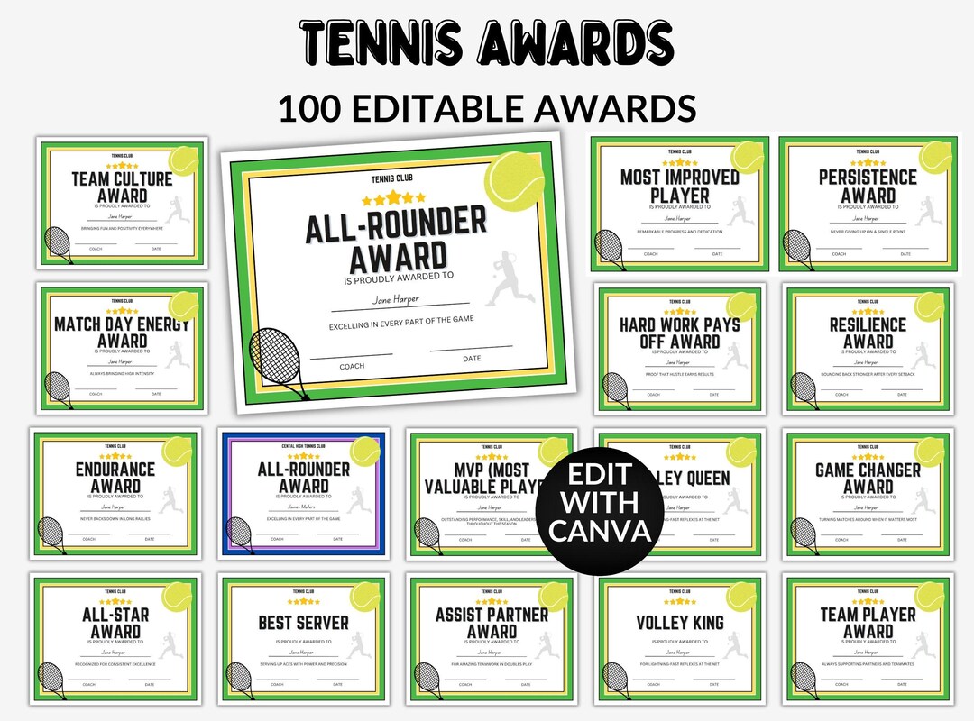 Editable Tennis Award Certificates Tennis Team Awards End of Season ...