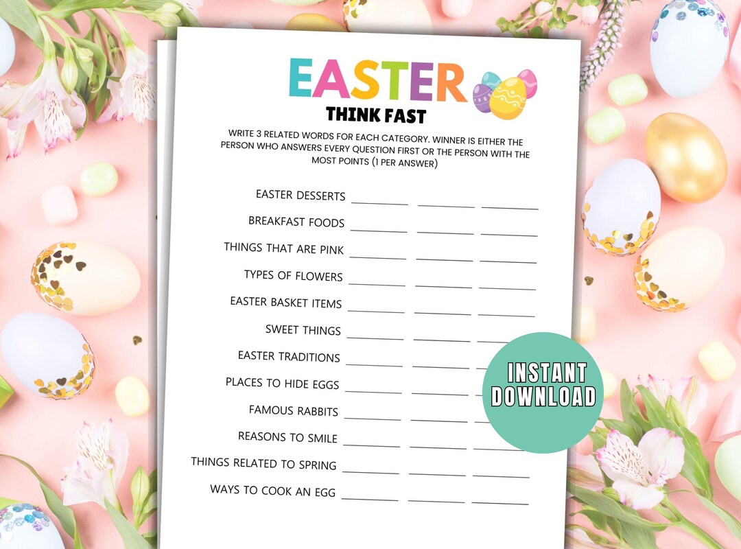 Easter Think Fast Party Game Printable Easter Party Game Think Fast ...