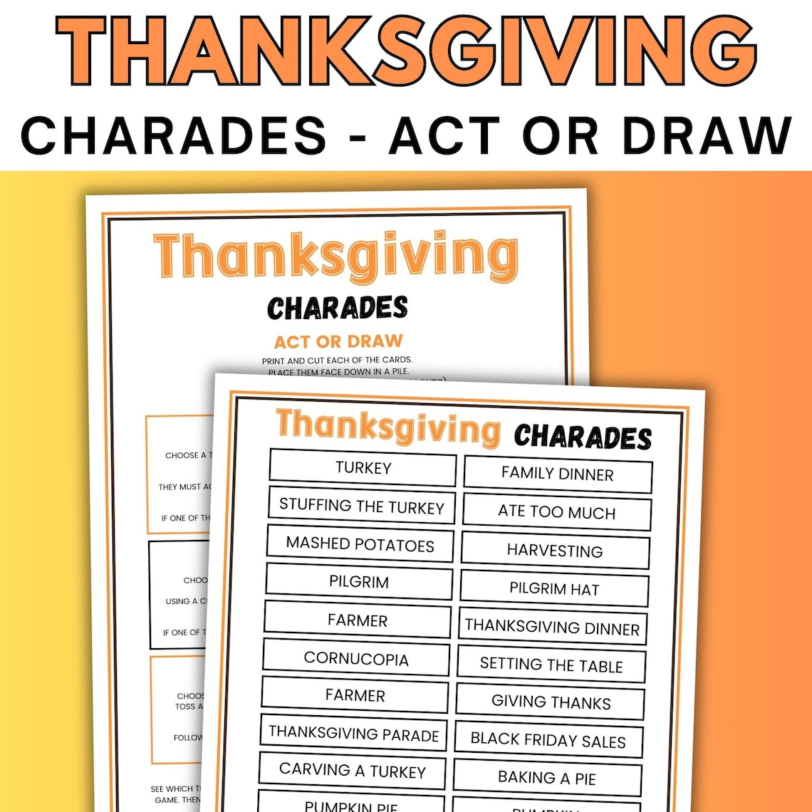 Thanksgiving Charades Game Printable Thanksgiving Game Family ...