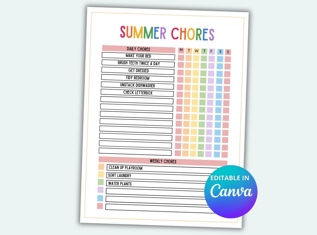 Summer Chore Chart for Kids Daily Summer Schedule Summer Routine Summer ...