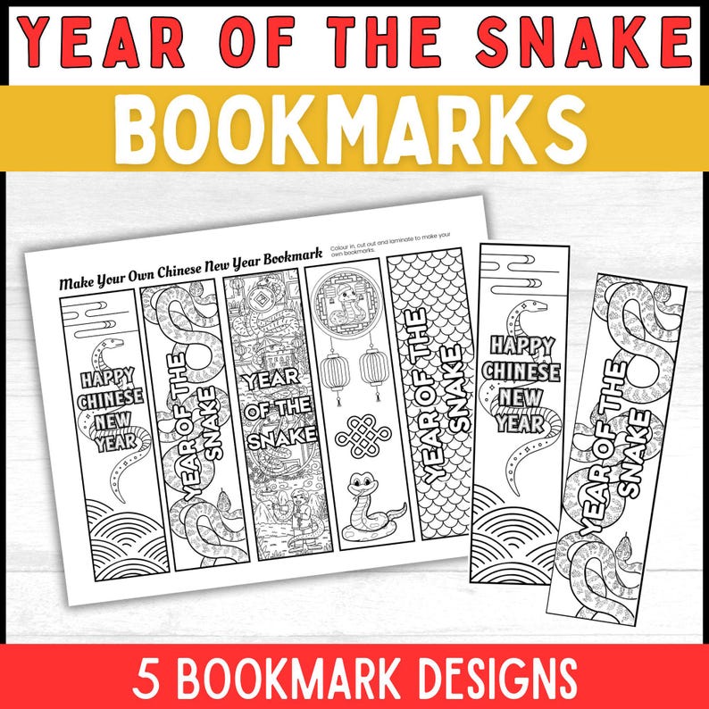 Year of the Snake Chinese New Year Coloring Bookmarks Printable Year of ...