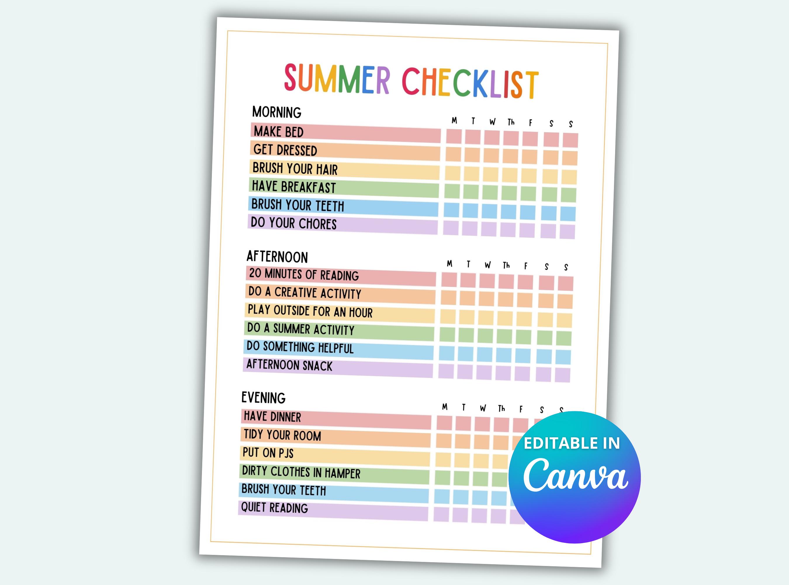 Daily Summer Checklist for Kids Summer Schedule Printable Daily ...